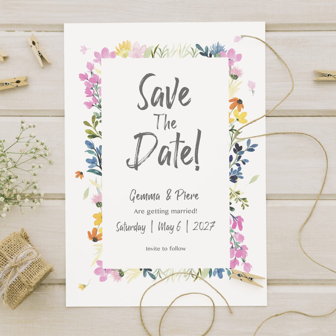 Bohemian Wildflower Save the Date Cards - BlueBird Wedding Stationery
