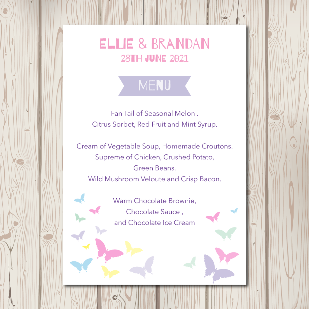 Butterfly Garden Menus - BlueBird Wedding Stationery