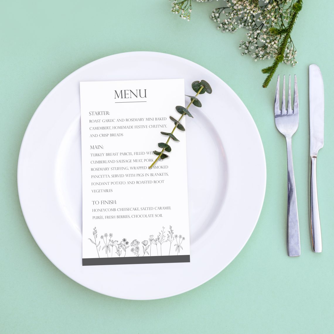 Monochrome Wildflower Table Menu - BlueBird Wedding Stationery