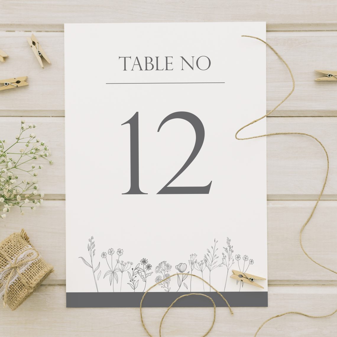 Monochrome Wildflower Table Numbers - BlueBird Wedding Stationery