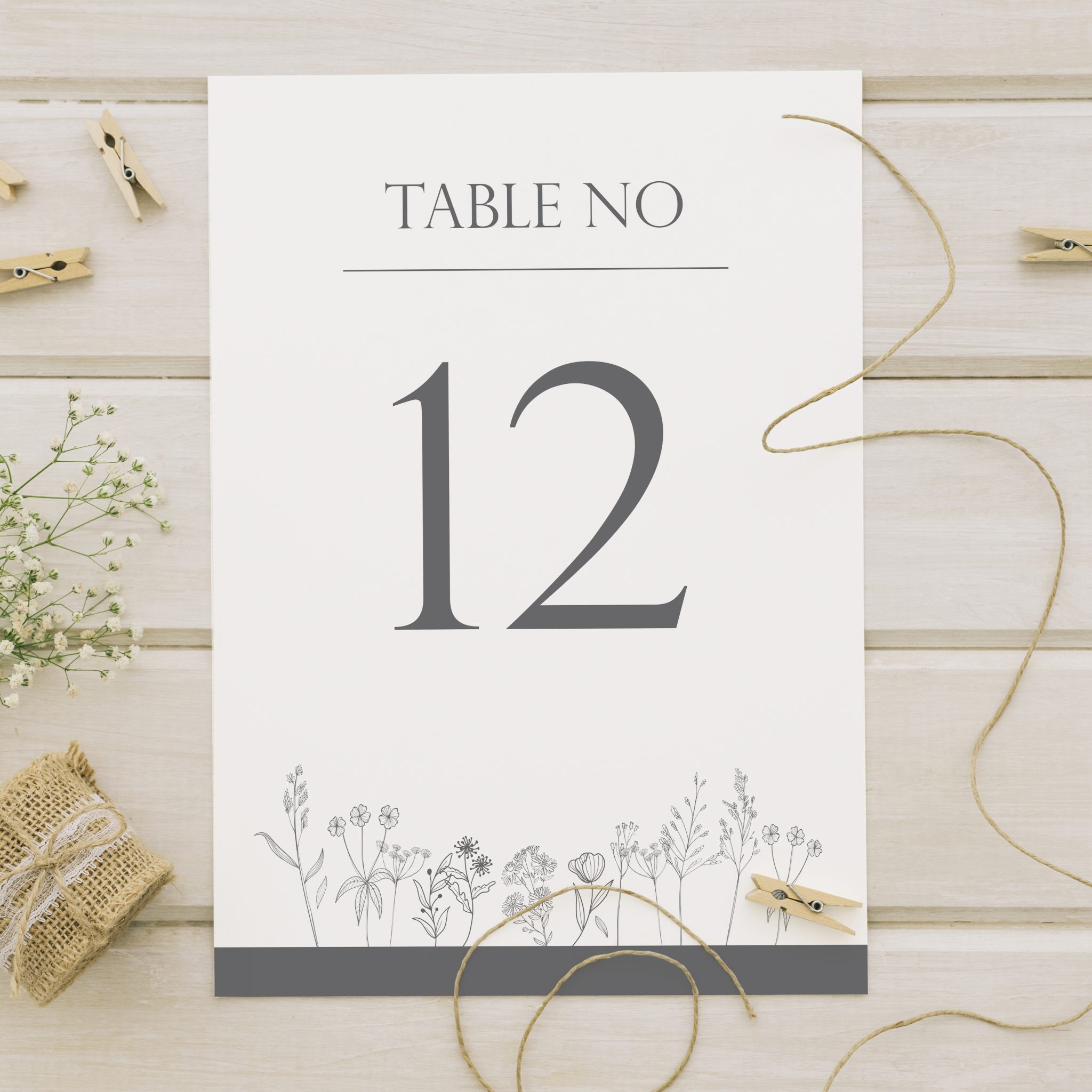 Monochrome Wildflower Table Numbers - BlueBird Wedding Stationery