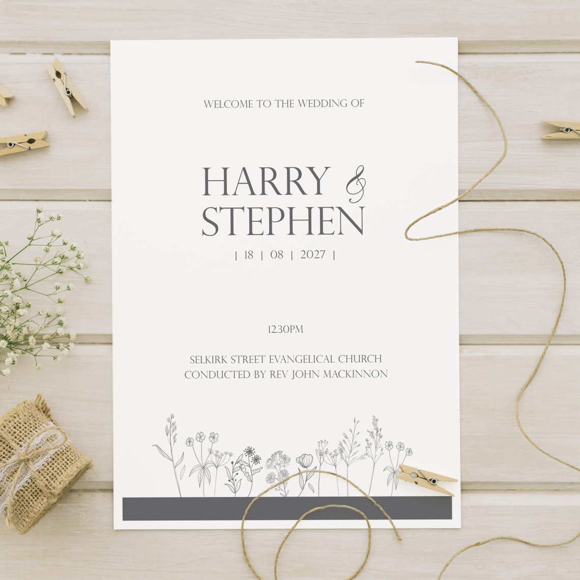 Monochrome Wildflower Order of Service - BlueBird Wedding Stationery