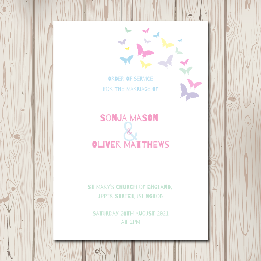 Butterfly Garden Order of Service - BlueBird Wedding Stationery