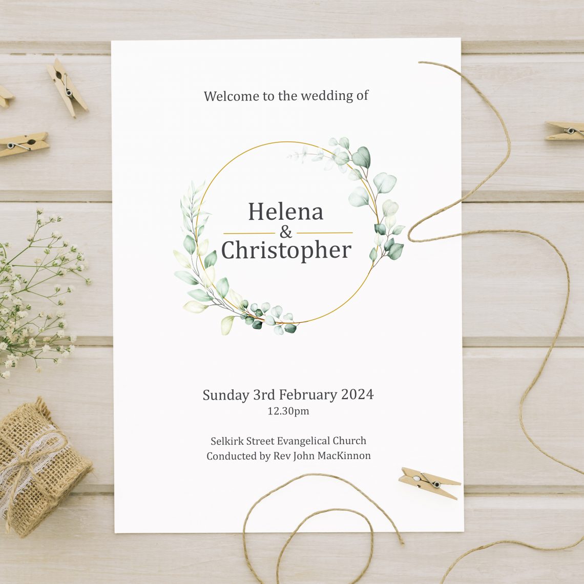 Greenery Wreath Order of Service - BlueBird Wedding Stationery