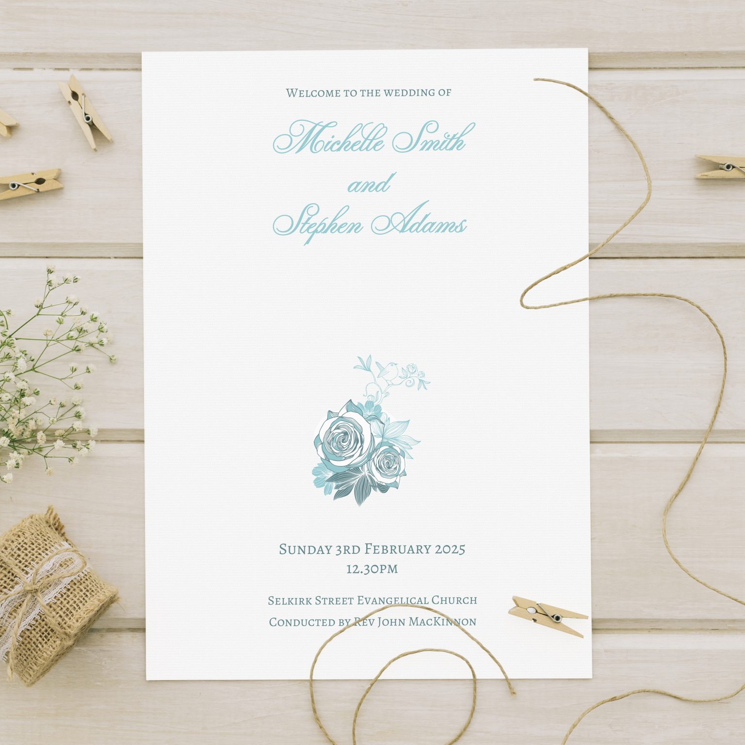 Initials Order of Service - BlueBird Wedding Stationery