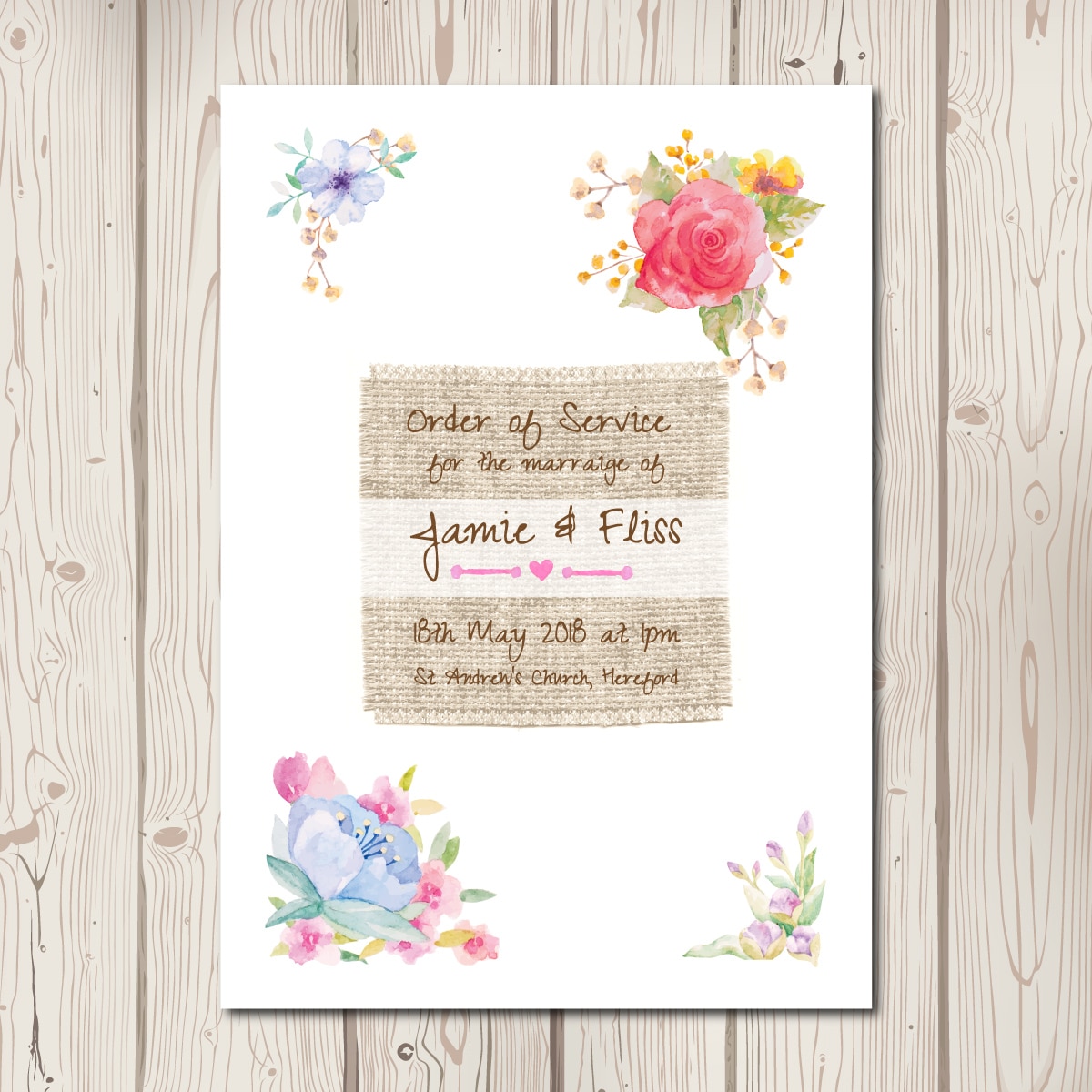 Floral Watercolour Order of Service - BlueBird Wedding Stationery
