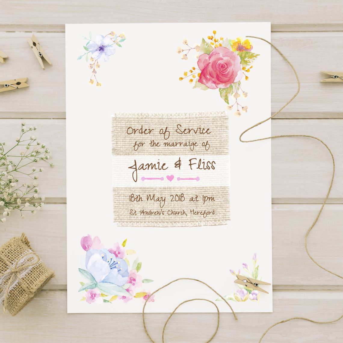 Floral Watercolour Order of Service - BlueBird Wedding Stationery